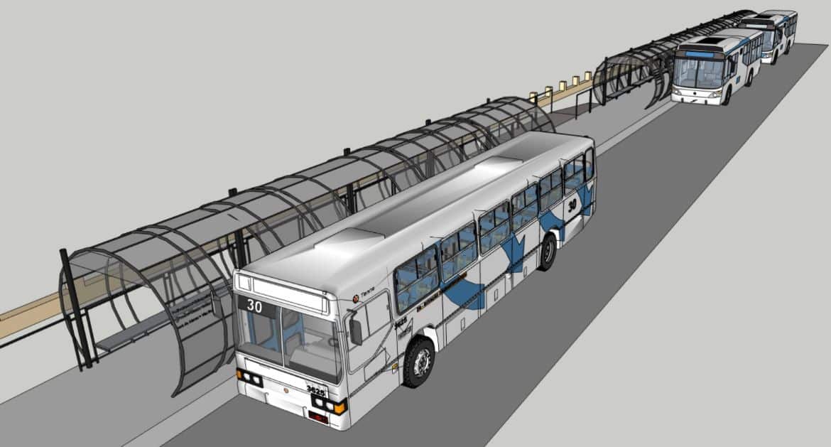 Paradas de ônibus: já há o contraste do antigo e o hi- tech