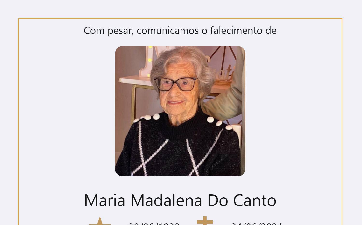 Obituário: Maria Madalena do Canto - 91 anos - 24/06/2024